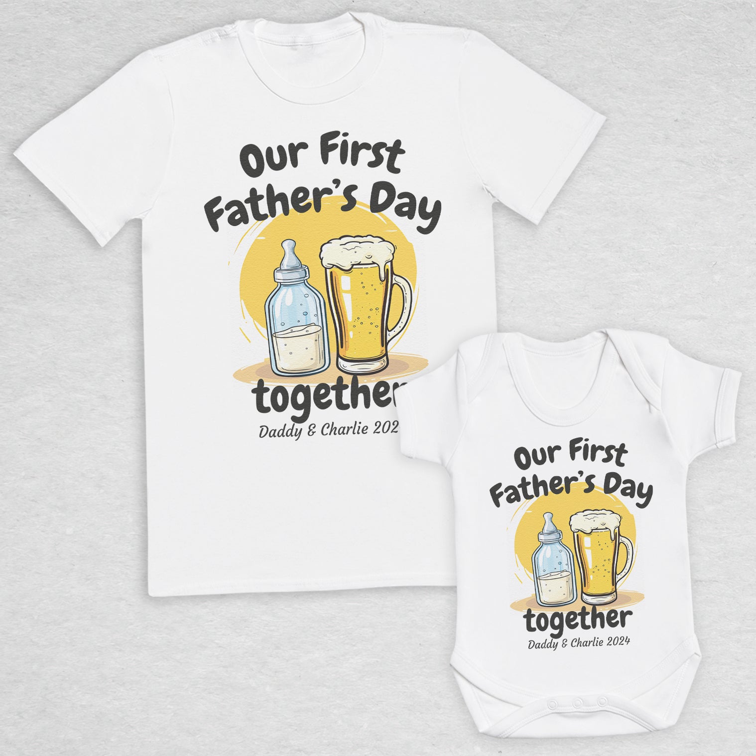 PERSONALISED Our First Father s Day Milk Bottle Pint Glass Baby Kids T Shirt Men s T Shirt Sold Separately