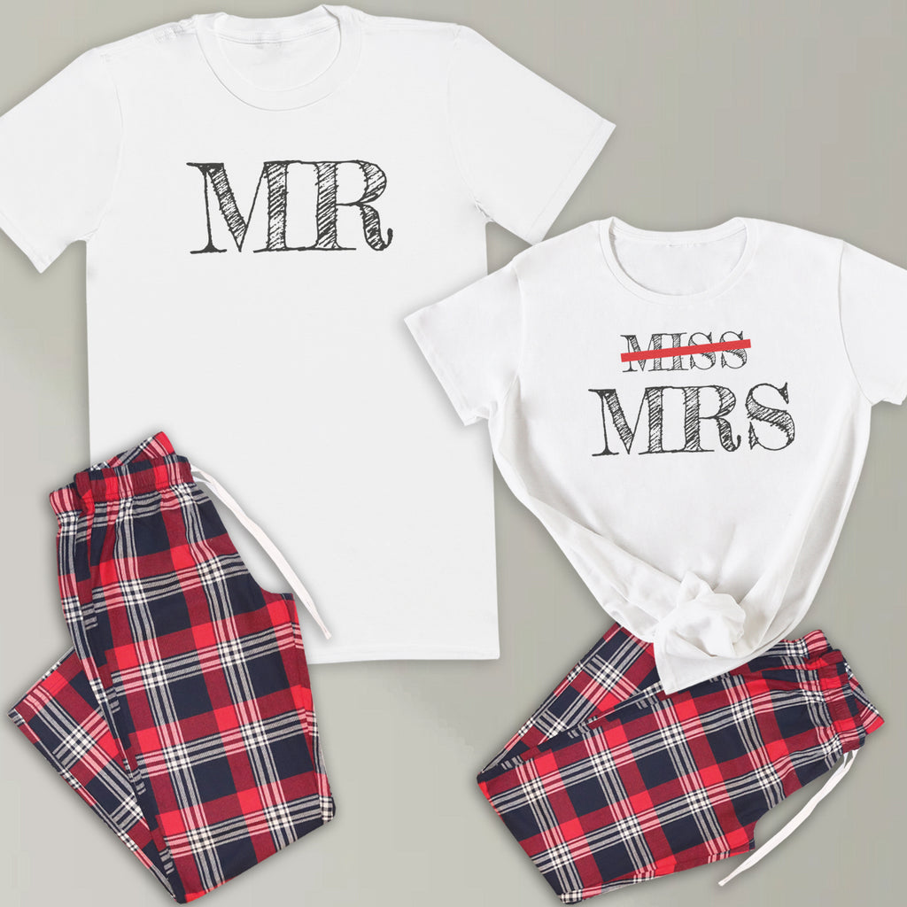 Mr & Now Mrs - Couples Matching Pyjamas - Top & Tartan PJ Bottoms - (S ...