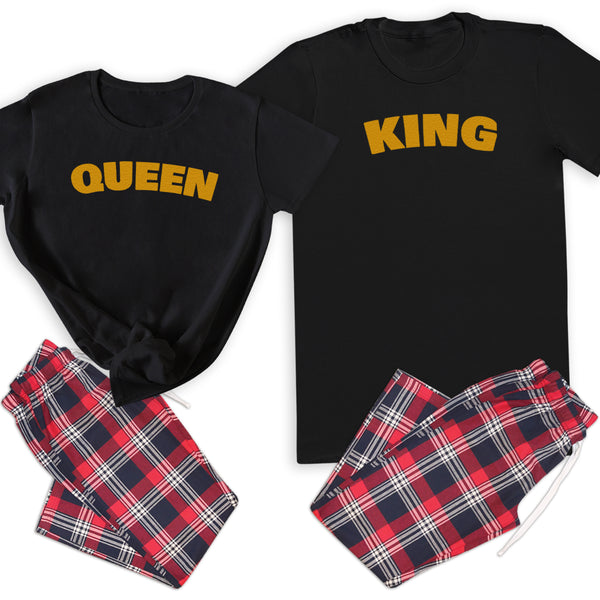King & Queen Text - Couples Matching Pyjamas - Top & Tartan PJ Bottoms ...