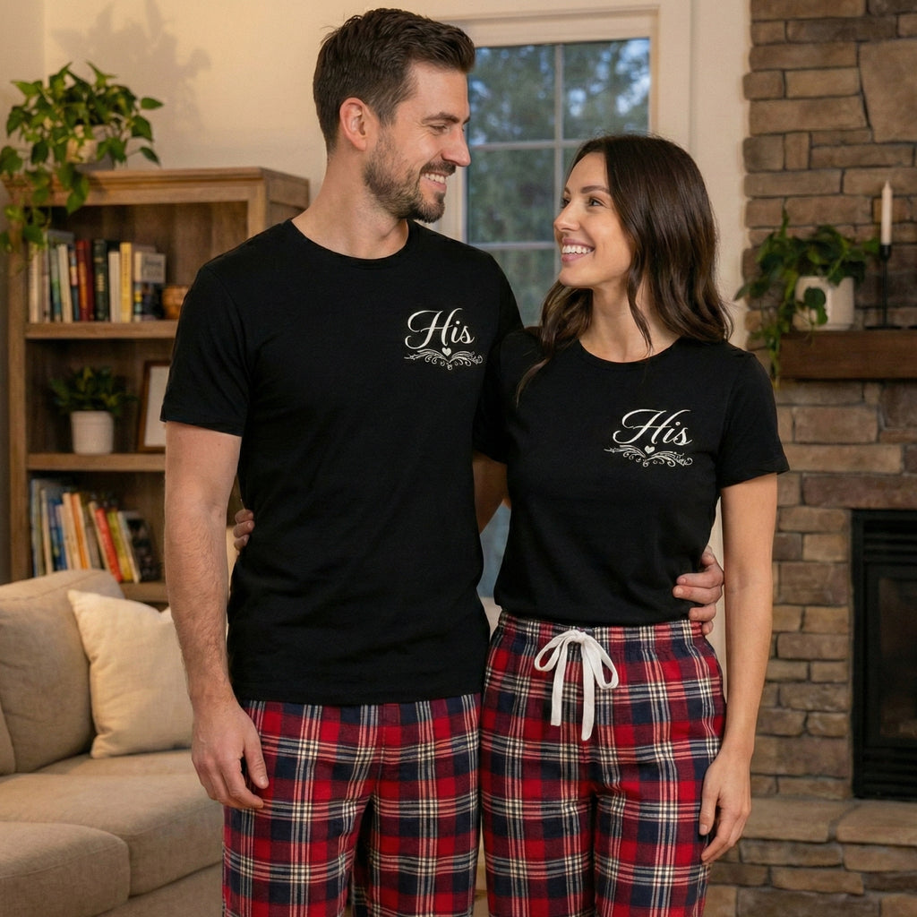 His & Hers Logo - Couples Matching Pyjamas - Top & Tartan PJ Bottoms ...