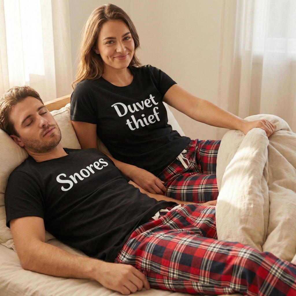 Snoers & Duvet thief - Couples Matching Pyjamas - Top & Tartan PJ Bott ...